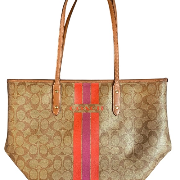 Coach | Bags | Coach Tan And Pink Signature Tote Bag | Poshmark